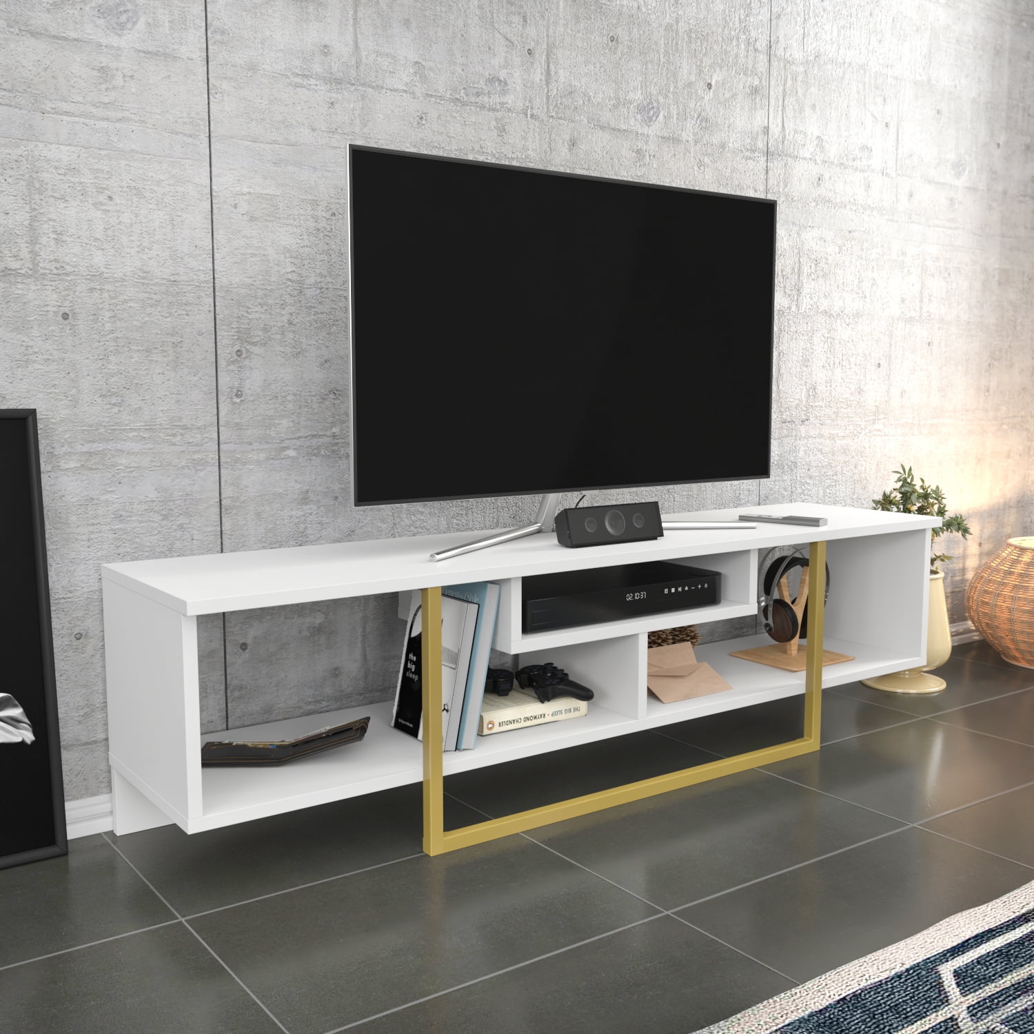Asal 59" Modern Metal Frame Wood TV Stand for 65 inch TV White Gold ...