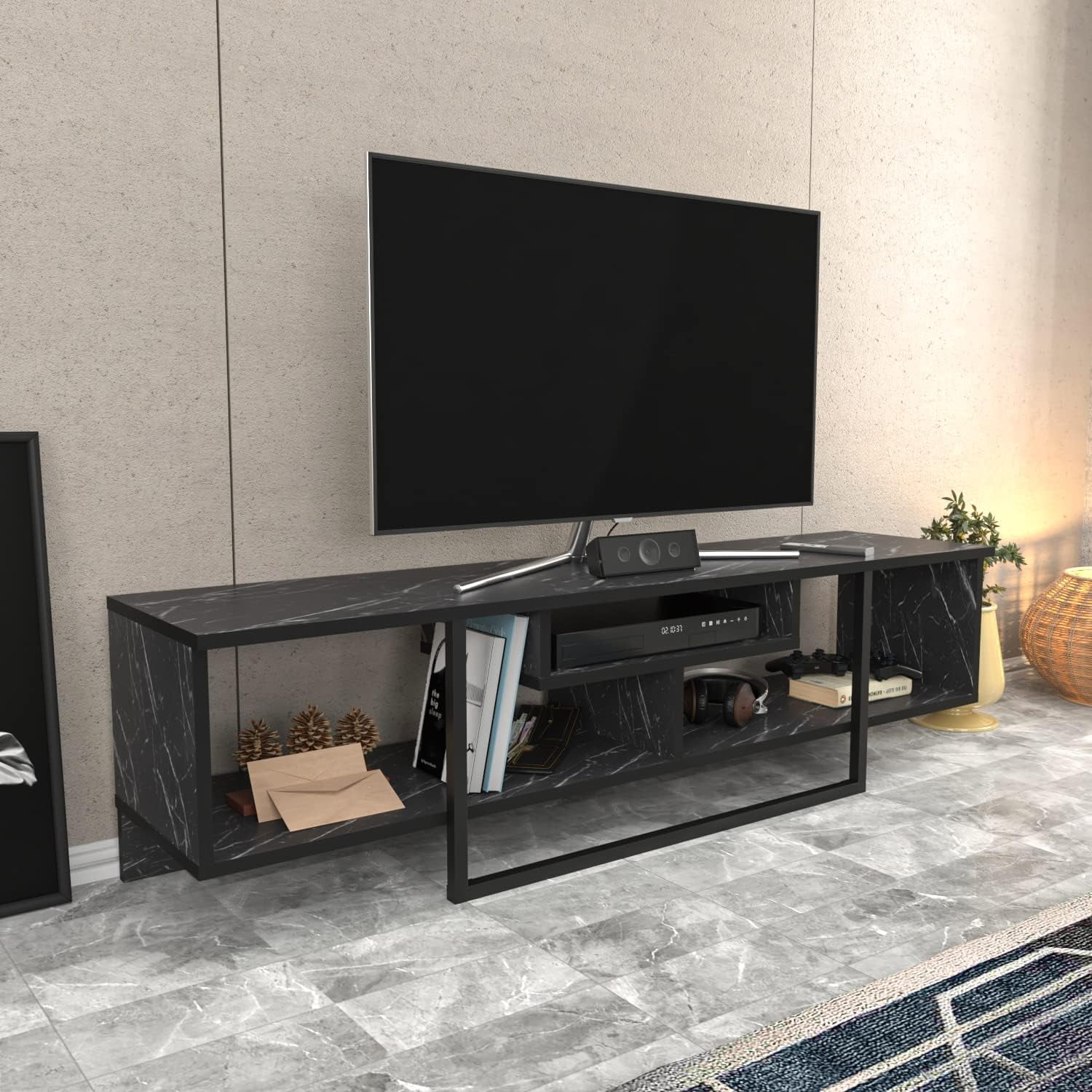 Asal Modern Minimal Open Shelf Wood Metal Frame TV Stand Entertainment ...