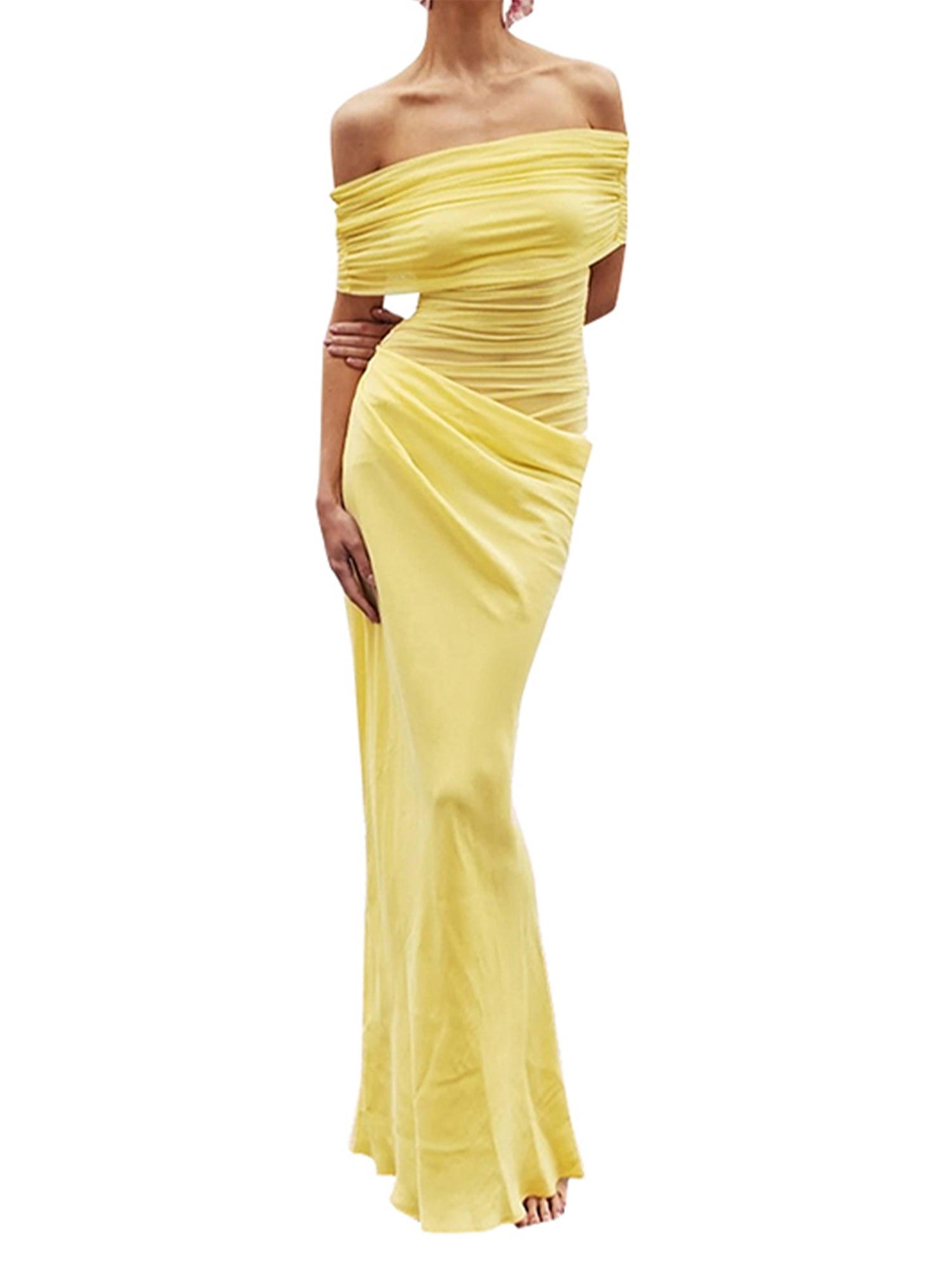 Asashitenel Women Long Dress Solid Color Boat Neck Off Shoulder Bodycon ...