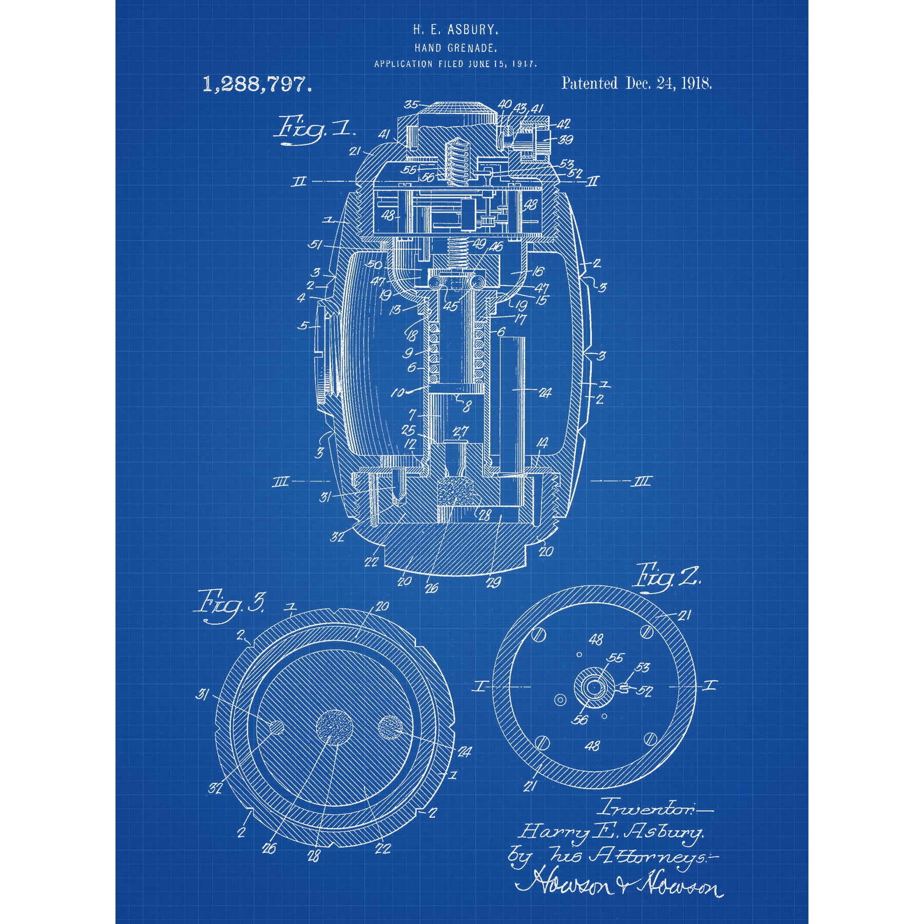 Asbury Hand Grenade War Military 1918 Patent Plan Extra Large XL Wall ...