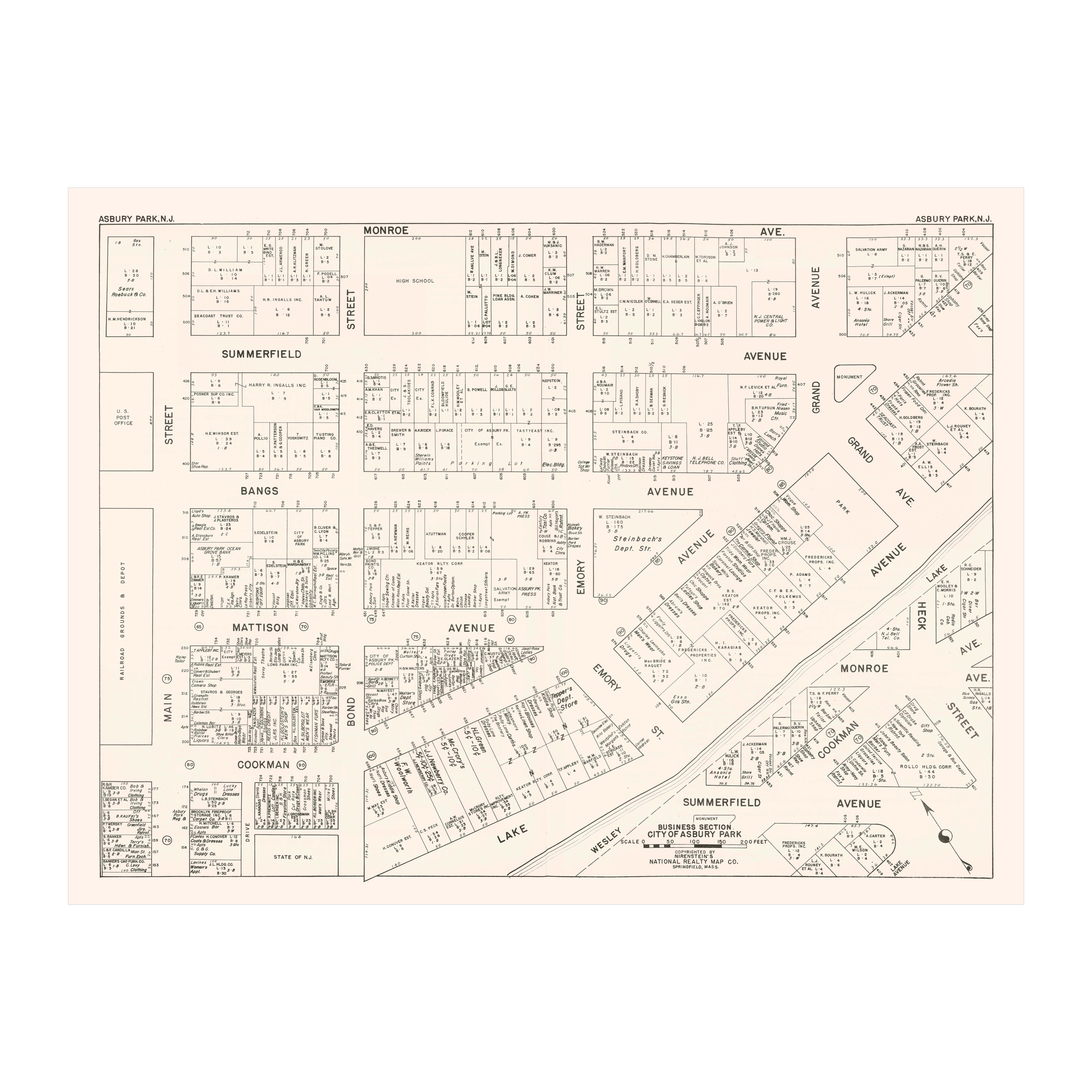 Asbury Park Art, 1947 Vintage Map of Downtown Asbury Park New Jersey ...