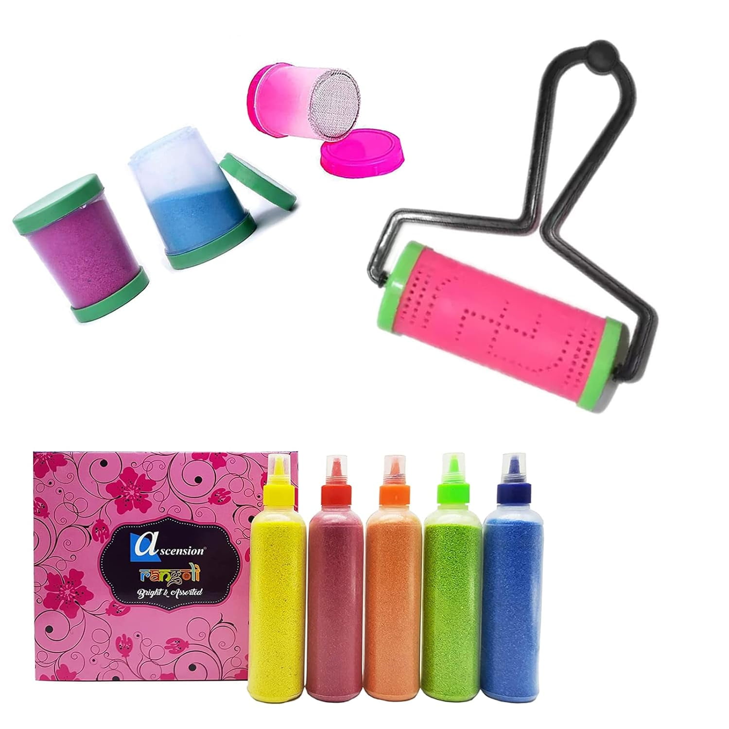 Ascension 5 Rangoli Powder Colors Bottles 80gm Each with 3 Filler 1 ...
