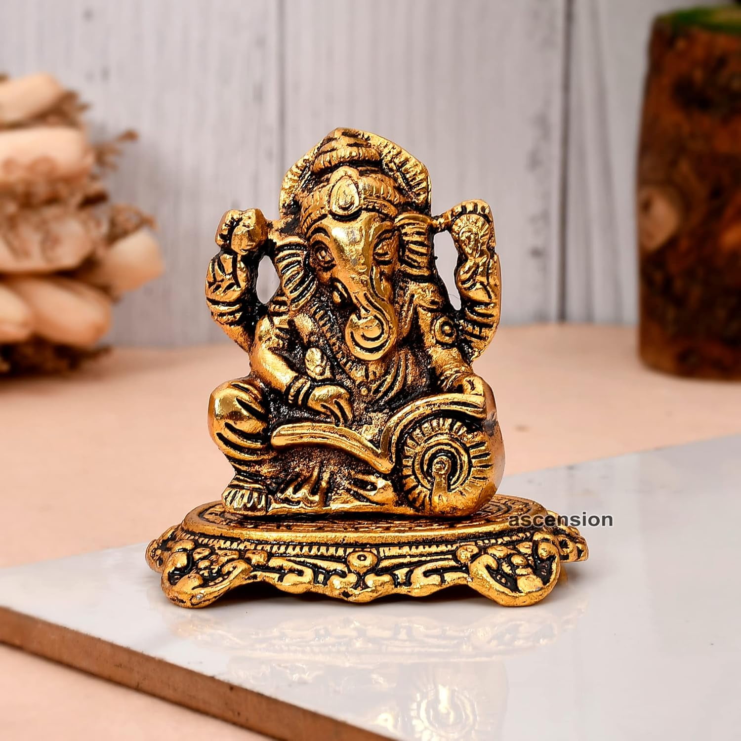 Ascension Designer Metal Lord Ganesha Statue Golden Brass Hindu God Ganesh Ganpati Sitting Idol ...