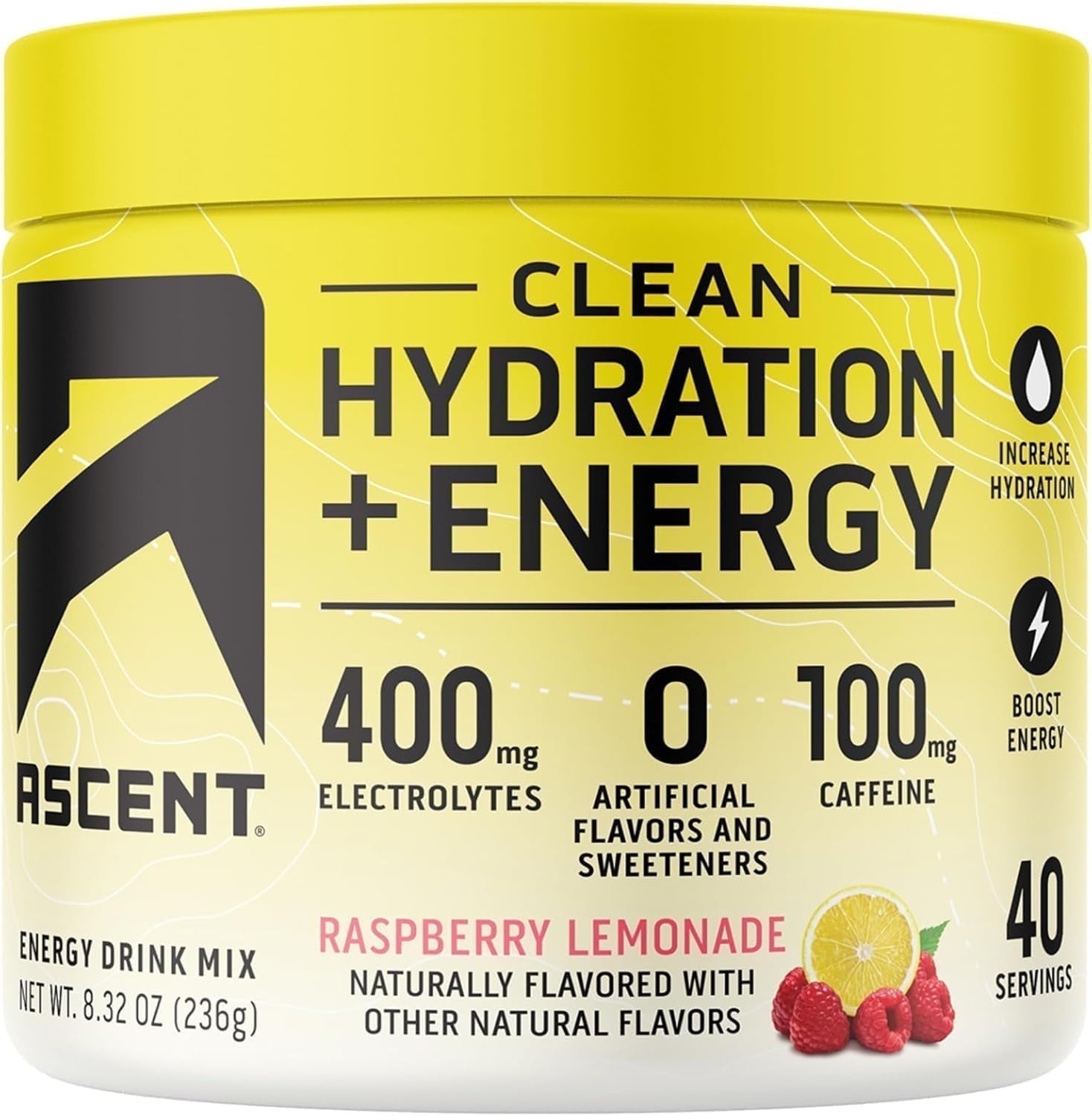 Ascent Clean Hydration + Energy Electrolytes Powder, Raspberry Lemonade ...