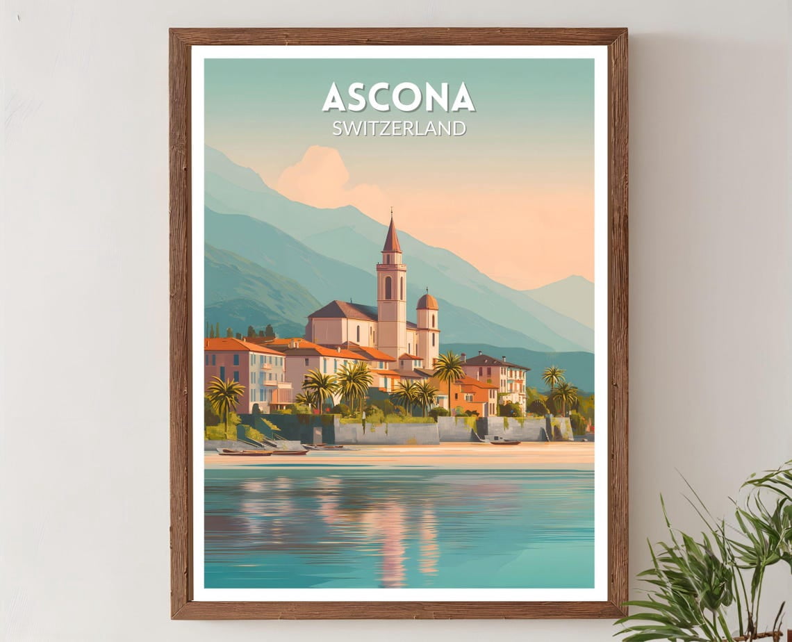 Ascona Switzerland Retro Travel Mid Century Modern Vintage Cityscape ...