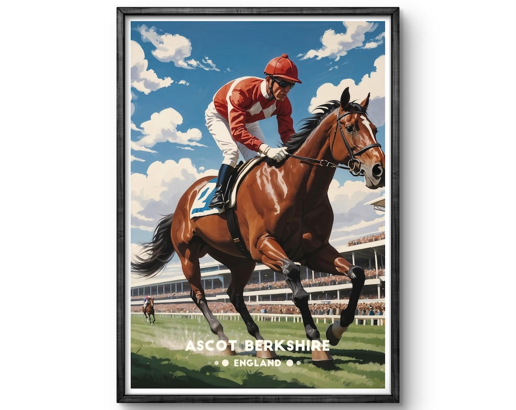 Ascot Berkshire England Vintage Poster - Dynamic Horse Racing Scene For ...