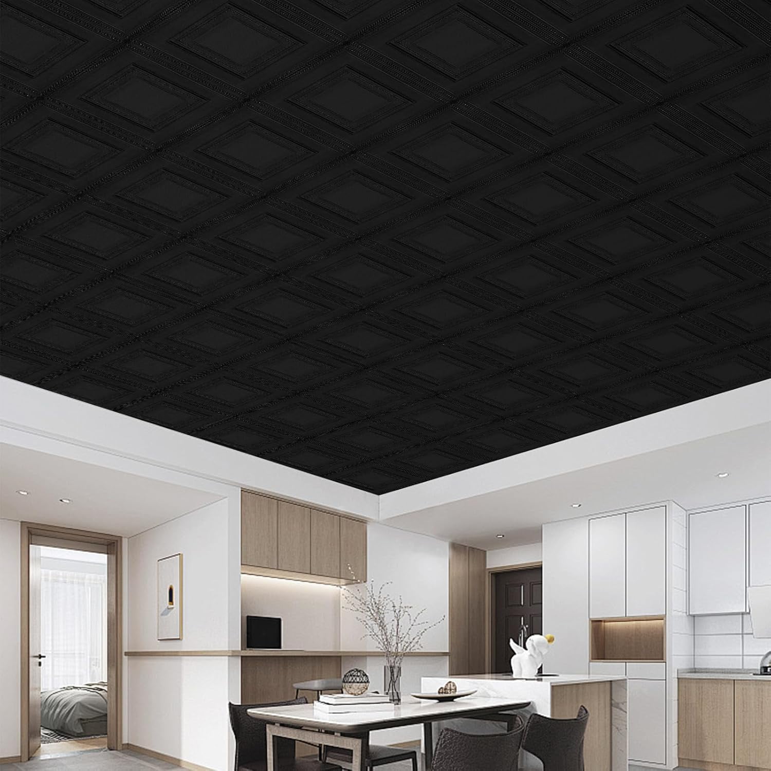 AsdQ Ceiling Tiles Solid Black, 32 Pack, Covered 42 Sq.Ft, Glue-up ...