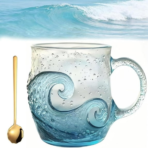 AsdQ Golden Tide Mug, Handcrafted Glass 12oz Sea Glass Wave Mug, Ocean ...