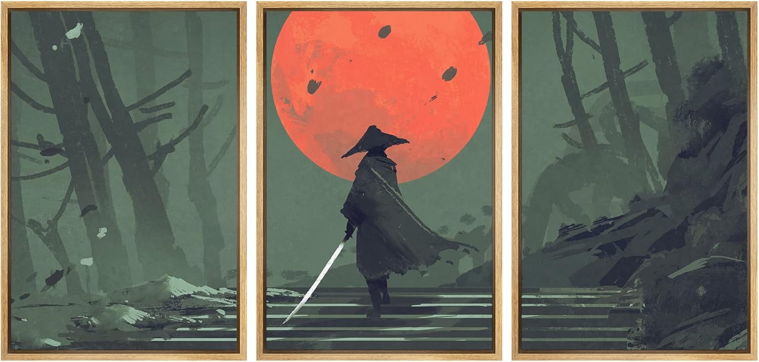 Asdg12s-- 3 Piece Canvas Wall Art - Illustration - Samurai Standing on ...