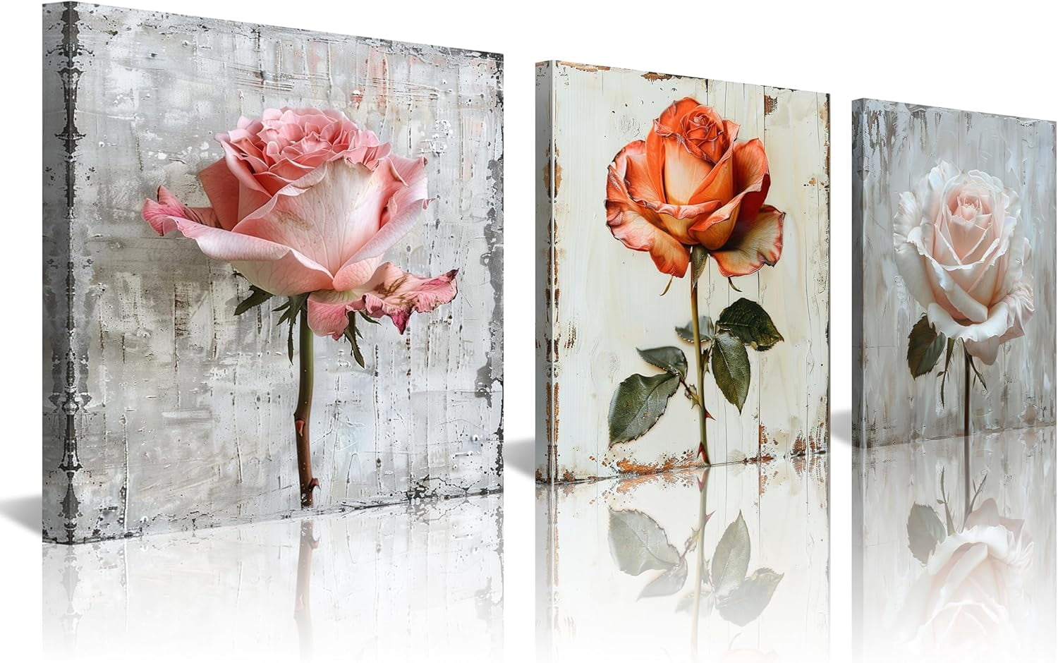 Asdg12s-3Pcs Rose with Distressed Wood Background Canvas Art Vintage ...