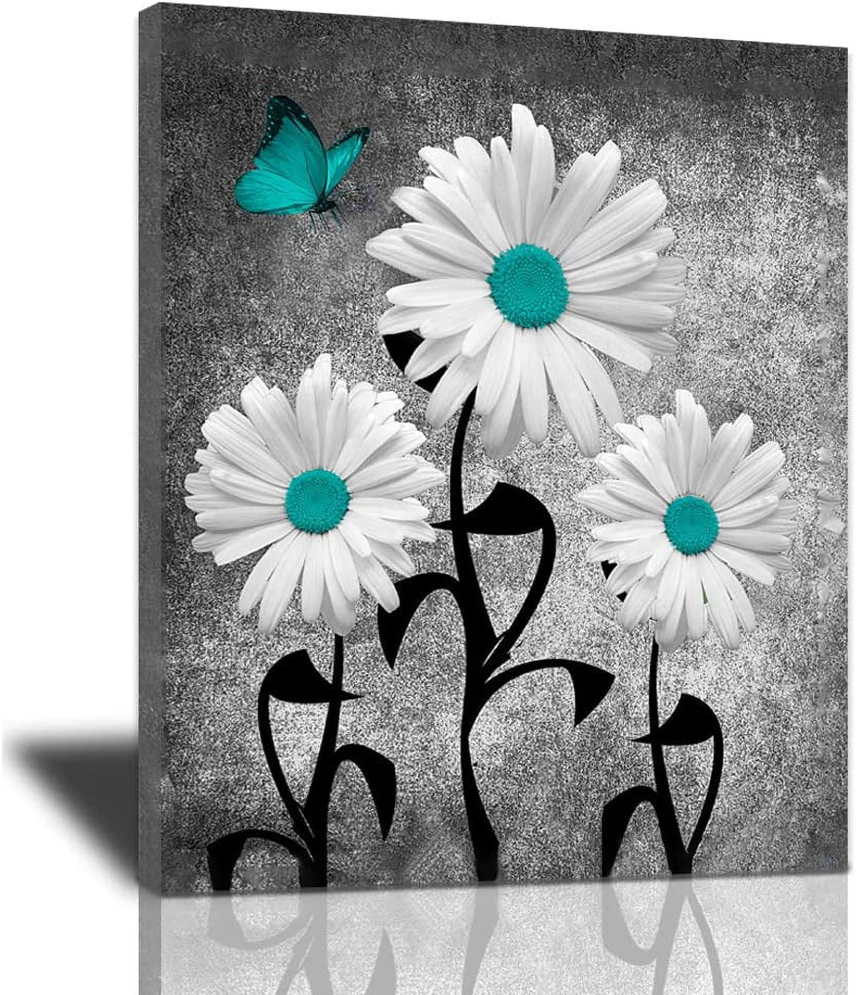 Asdg12s-Abstract Bathroom Decor Canvas Wall Art, Teal Daisy Butterflies ...
