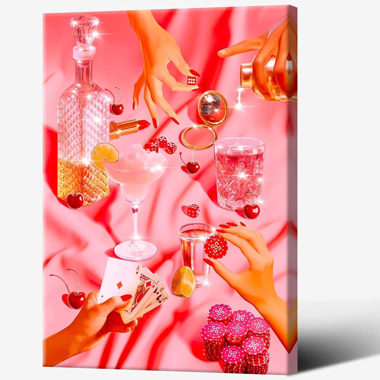 Asdg12s Bar Cart Decor Vintage Pink Poker Playing Cards Poster With Funny Dice, Cool Funky ...