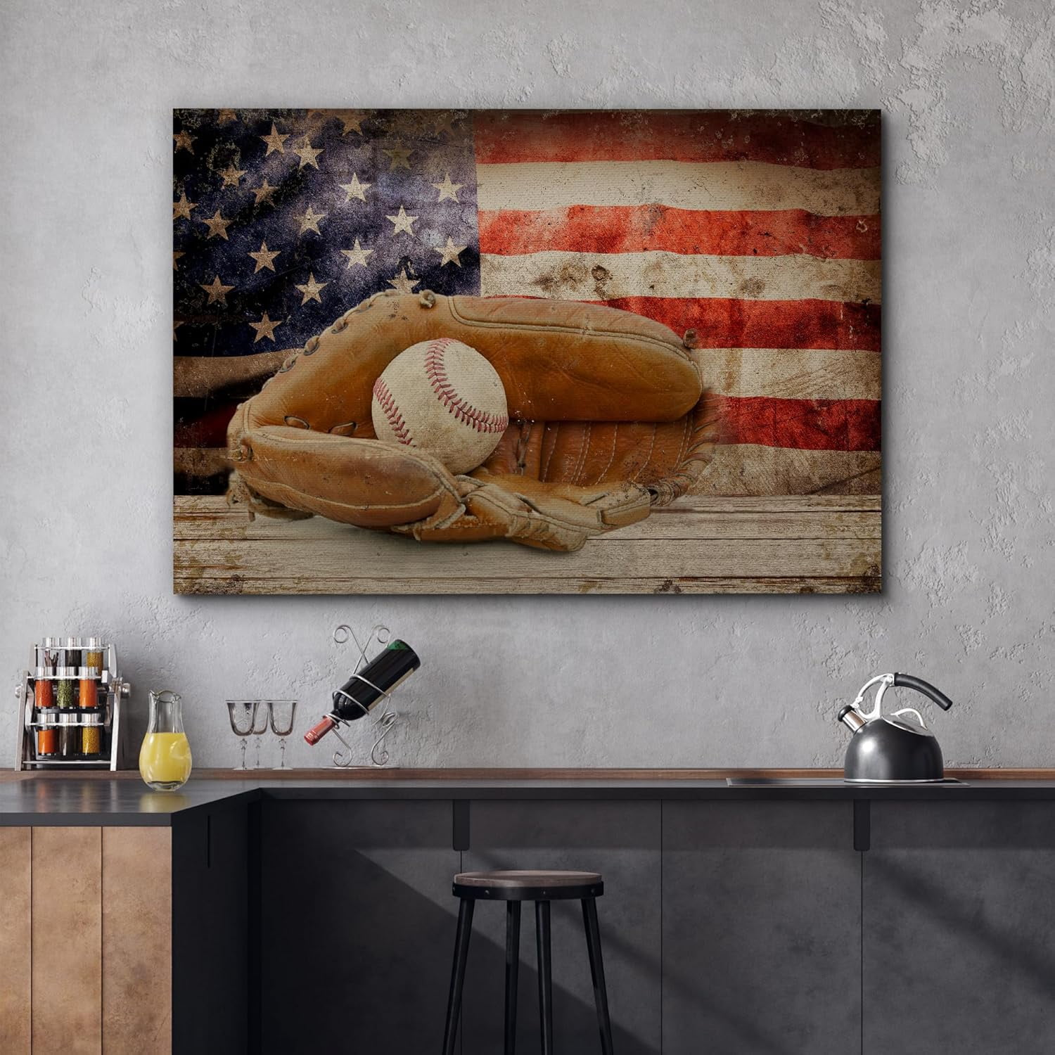 Asdg12s-Canvas Print Wall Art Retro Grunge Baseball & Flag on Wood ...