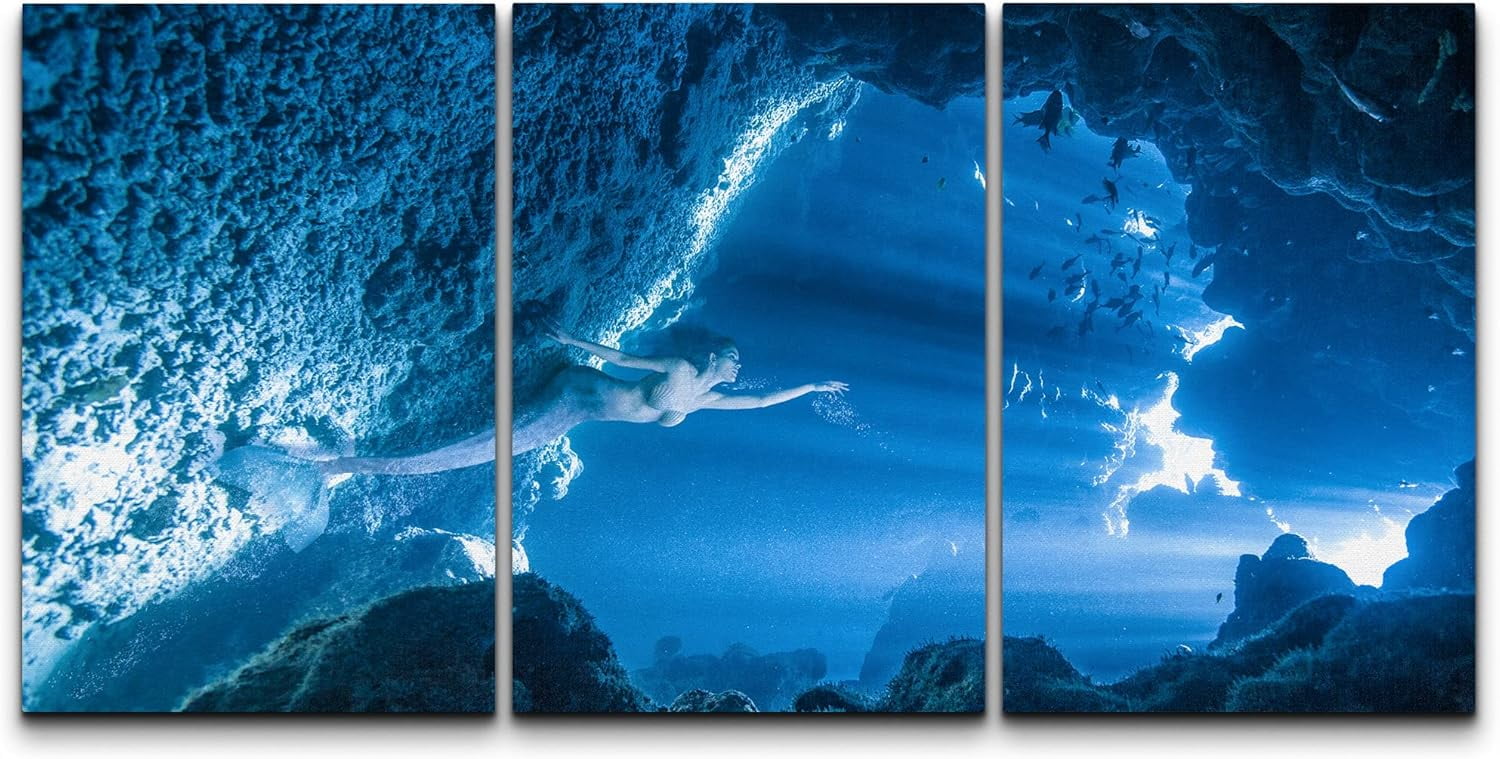 Asdg12s-Canvas Print Wall Art Set Mermaid Swimming Hidden Ocean Cove ...