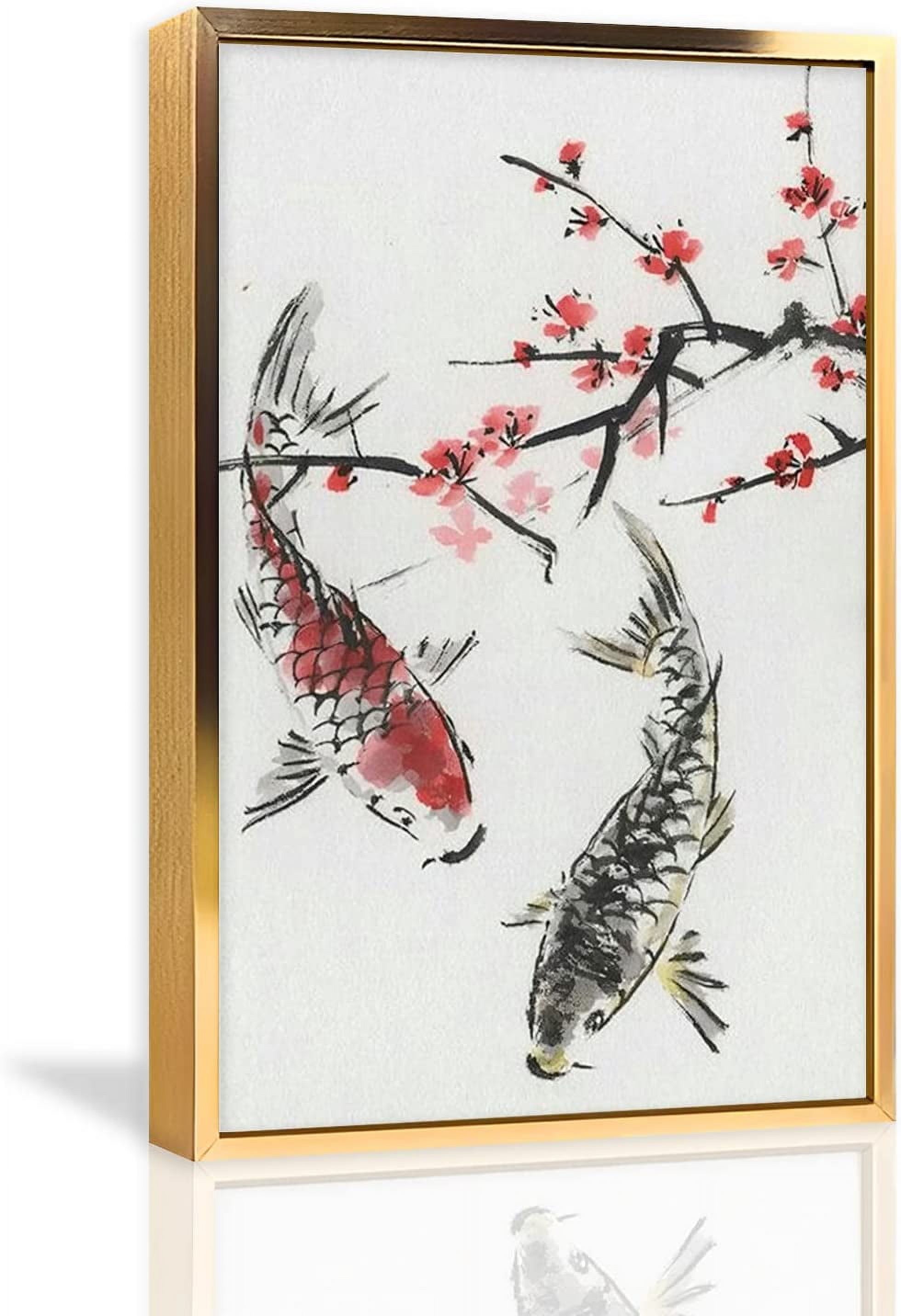 Asdg12s-Canvas Wall Art Koi And Plum Blossoms Gold Framed Canvas Print ...