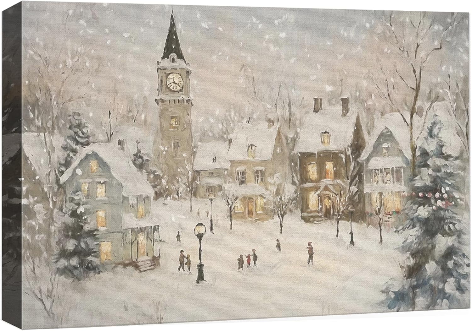 Asdg12s-Canvas Wall Art Snowy Village Winter Scene with Clock Tower ...