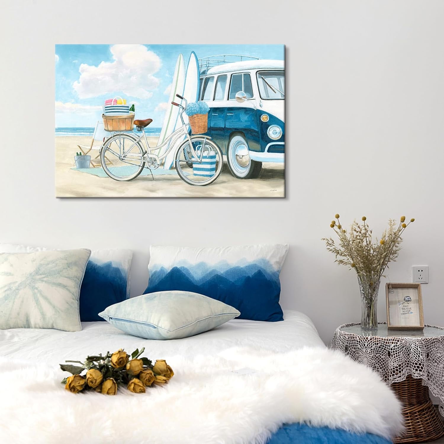 Asdg12s-Coastal Beach Canvas Wall Art Retro Van Wall Picture Blue Bus ...