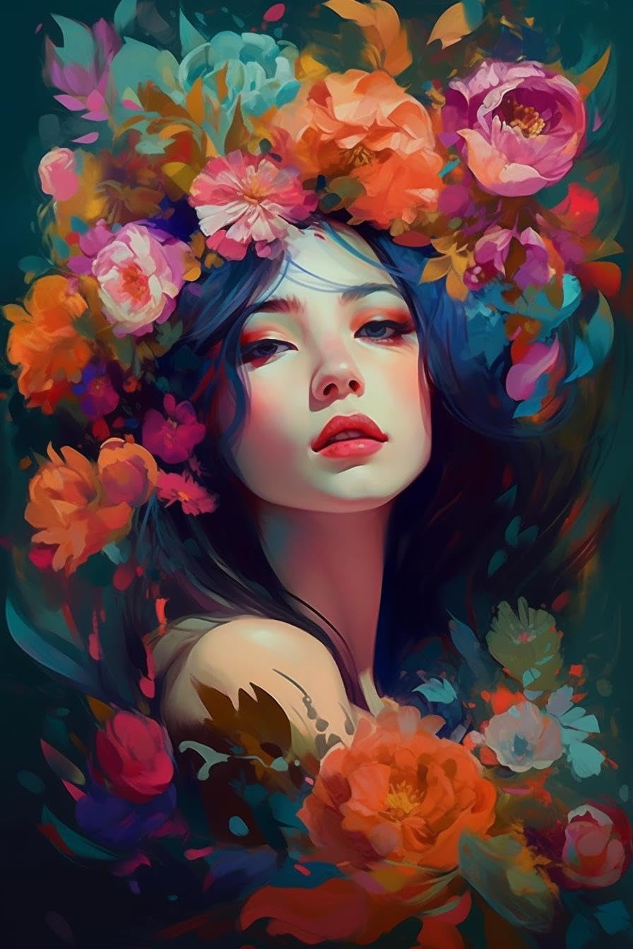 Asdg12s-Colorful Flowers Wall Art Canvas Posters - Girl with Flower - Various Flower Garland ...