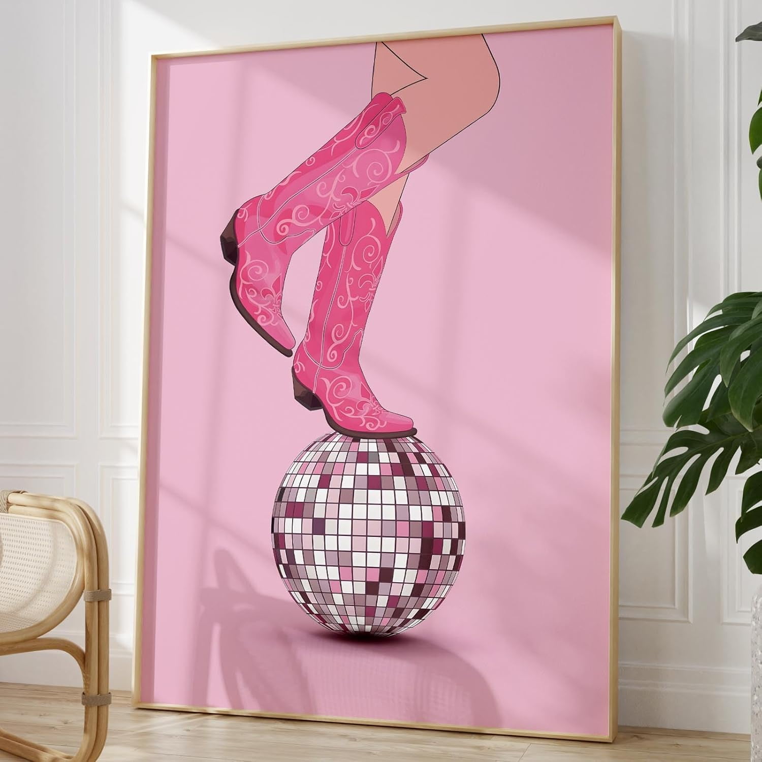 Asdg12s-Cowgirl Boots Wall Art Retro Disco Ball Disco Party Art Pink ...