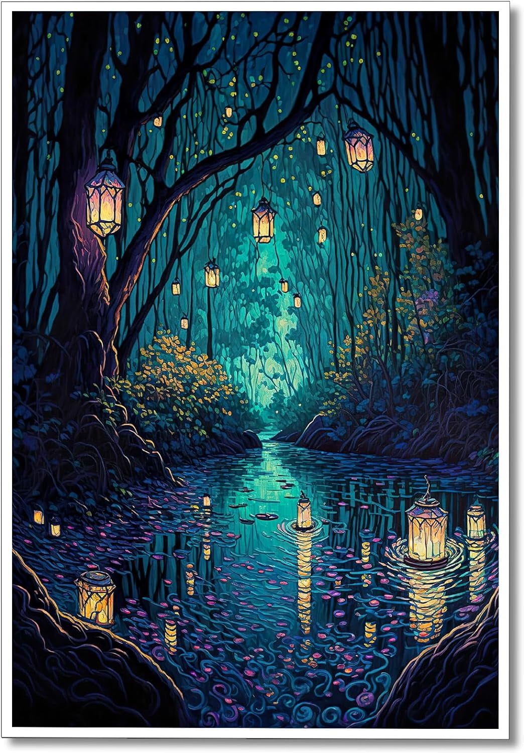Asdg12s-Fantasy Spiritual Forest Canvas Wall Art, Magic Cool Lanterns ...