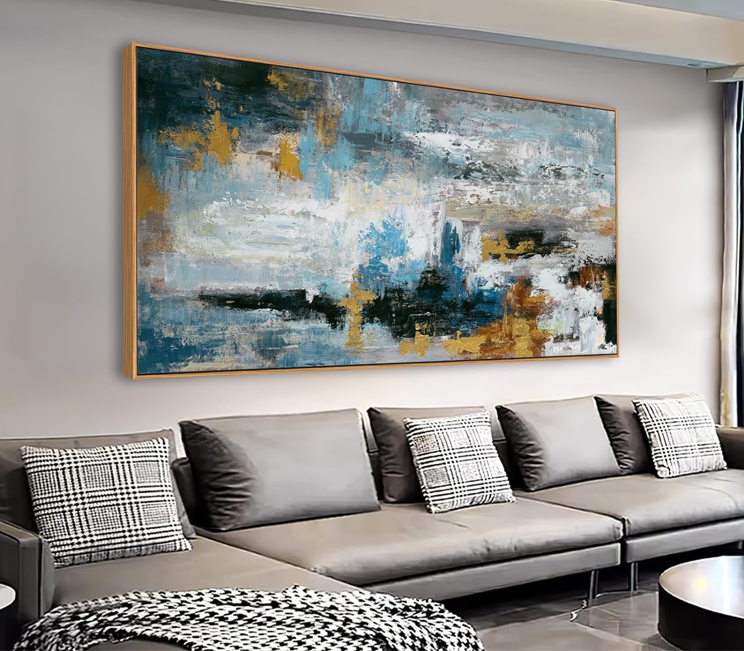 Asdg12s-Framed Abstract Wall Art Large Canvas Picture Modern Blue Grey ...
