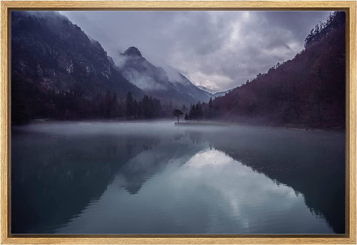 Asdg12s-Framed Canvas Print Wall Art Dark Blue & Purple Misty Mountain Reflections Nature ...