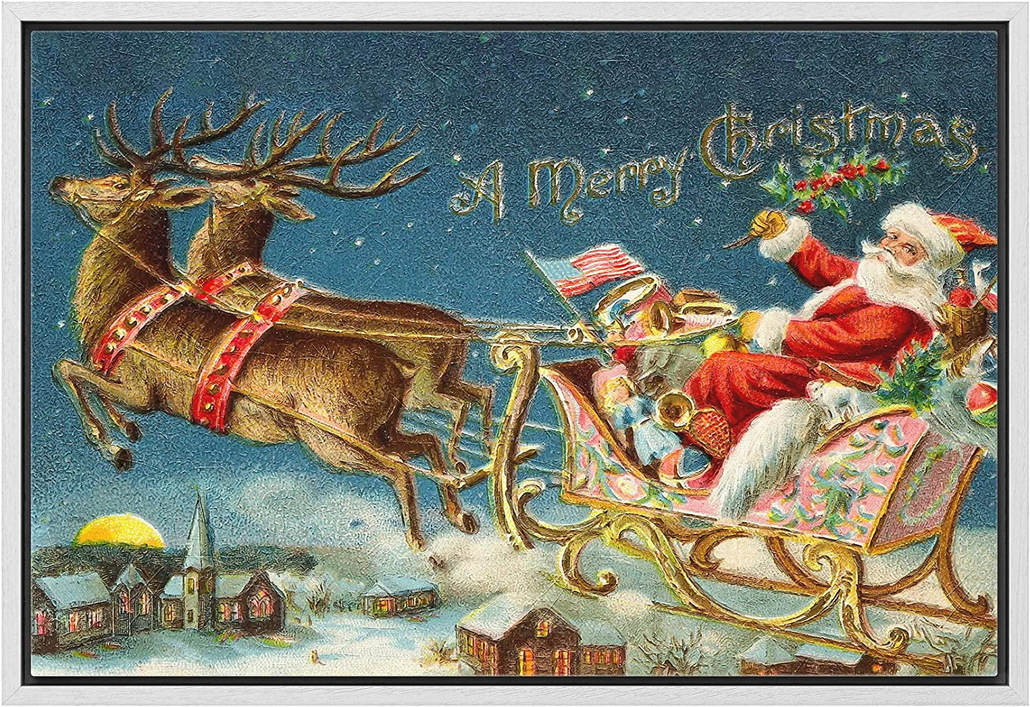 Asdg12s-Framed Canvas Print Wall Art Merry Christmas Santa Claus Flying ...