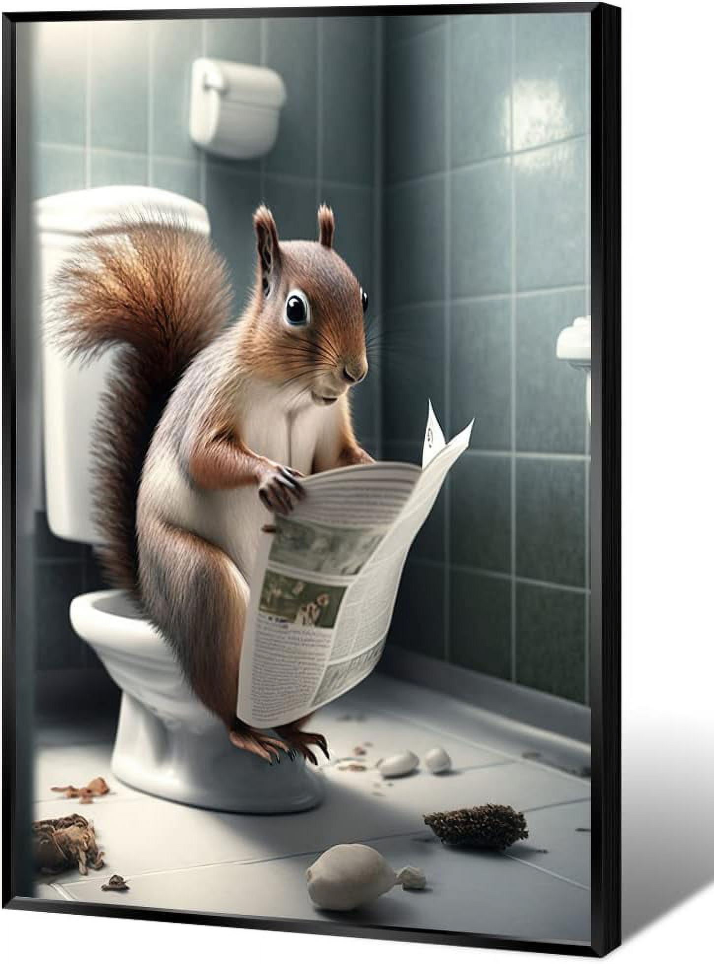 Asdg12s-Funny Squirrel Bathroom Canvas Wall Art Cute Squirrel In Toilet Posters Black and White ...