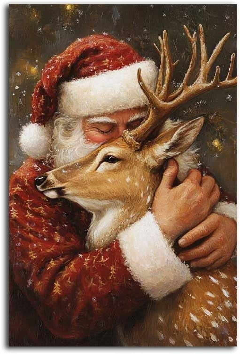 Asdg12s-Santa Claus Hug Reindeer Canvas Poster Santa Canvas Wall Art ...