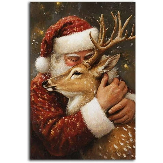 Asdg12s-Santa Claus Hug Reindeer Canvas Poster Santa Canvas Wall Art ...
