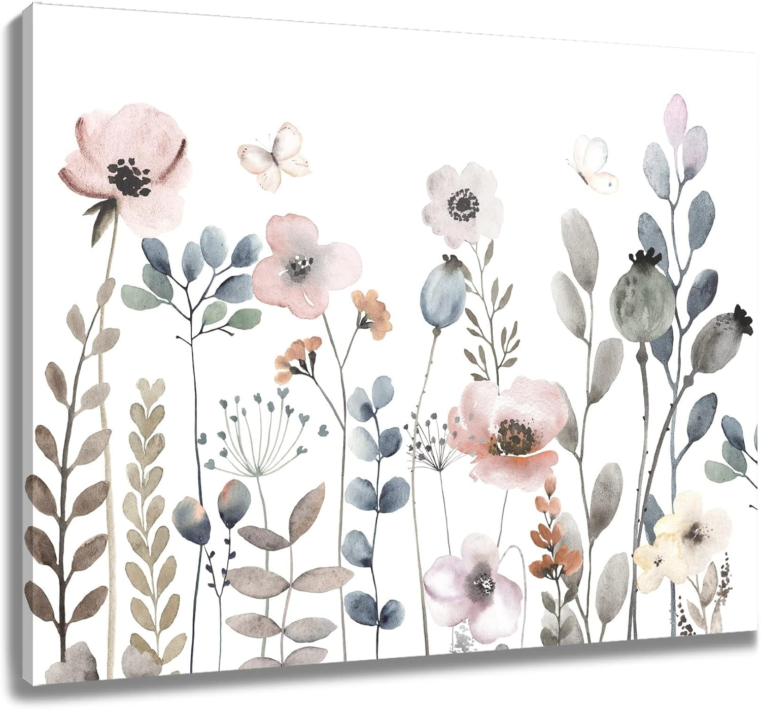 Asdg12s-Watercolor Pink Floral Canvas Wall Art Rustic Flower Plant ...