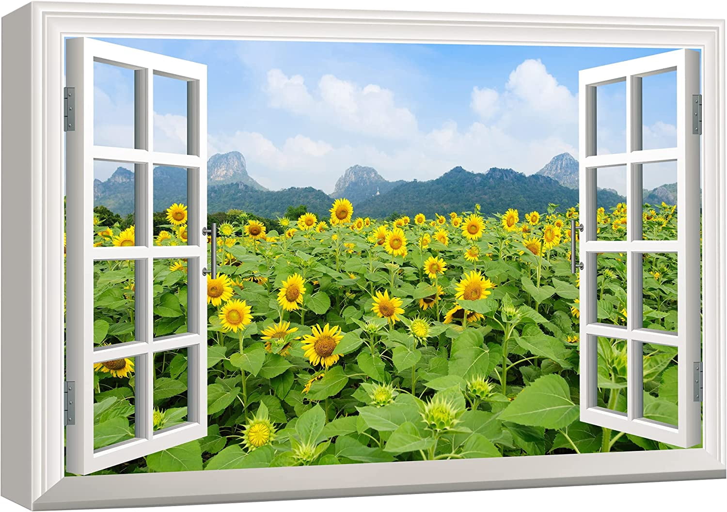 Asdg12sCanvas Print Wall Art Window View of Sunflowers & Mountains Nature Wilderness Photography ...