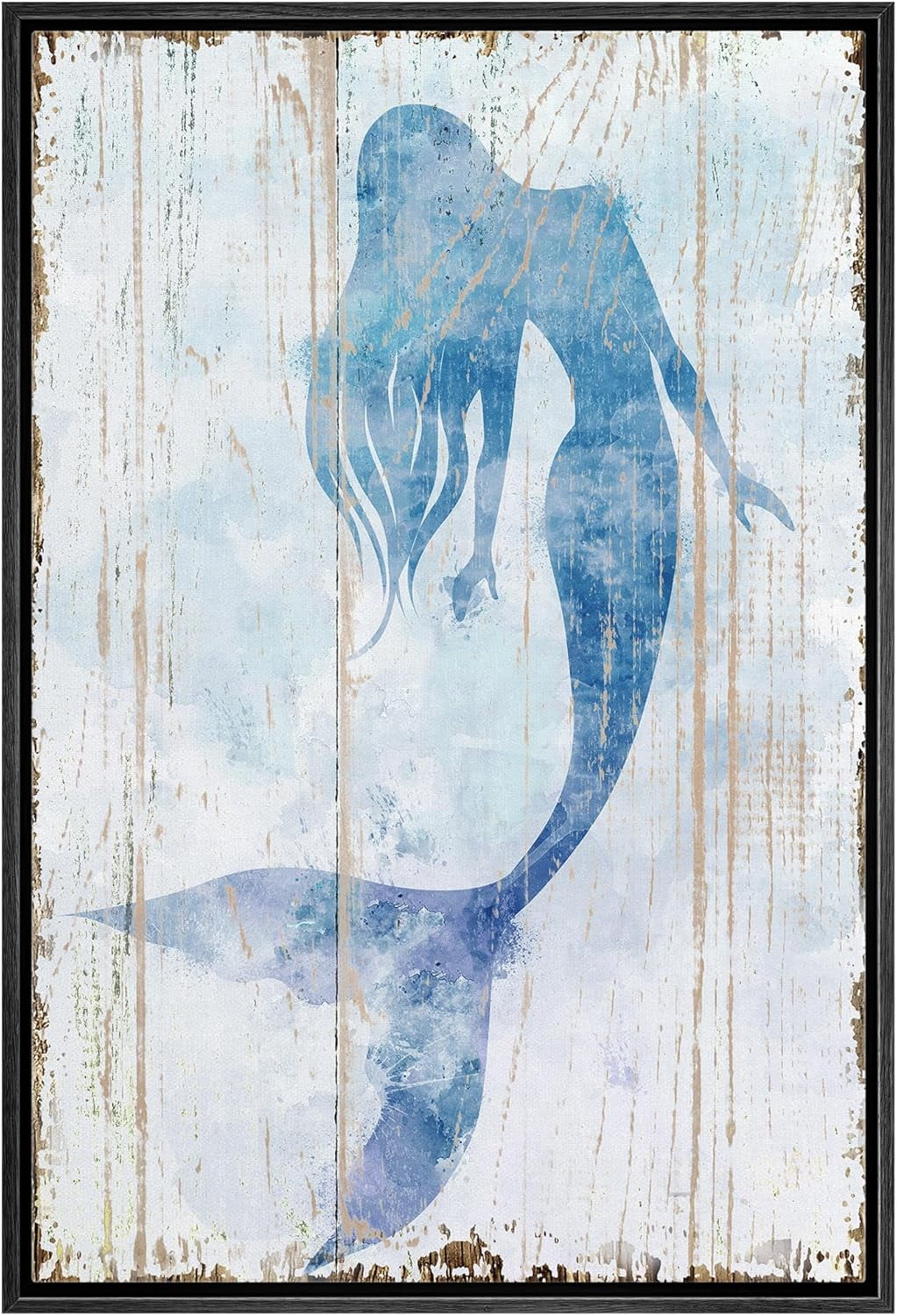 Asdg12sFramed Canvas Print Wall Art Mermaid Swimming on Watercolor Wood ...