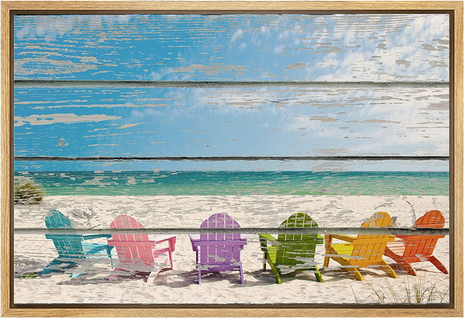 Asdg12sFramed Canvas Print Wall Art Rainbow Beach Chairs on The Beach ...