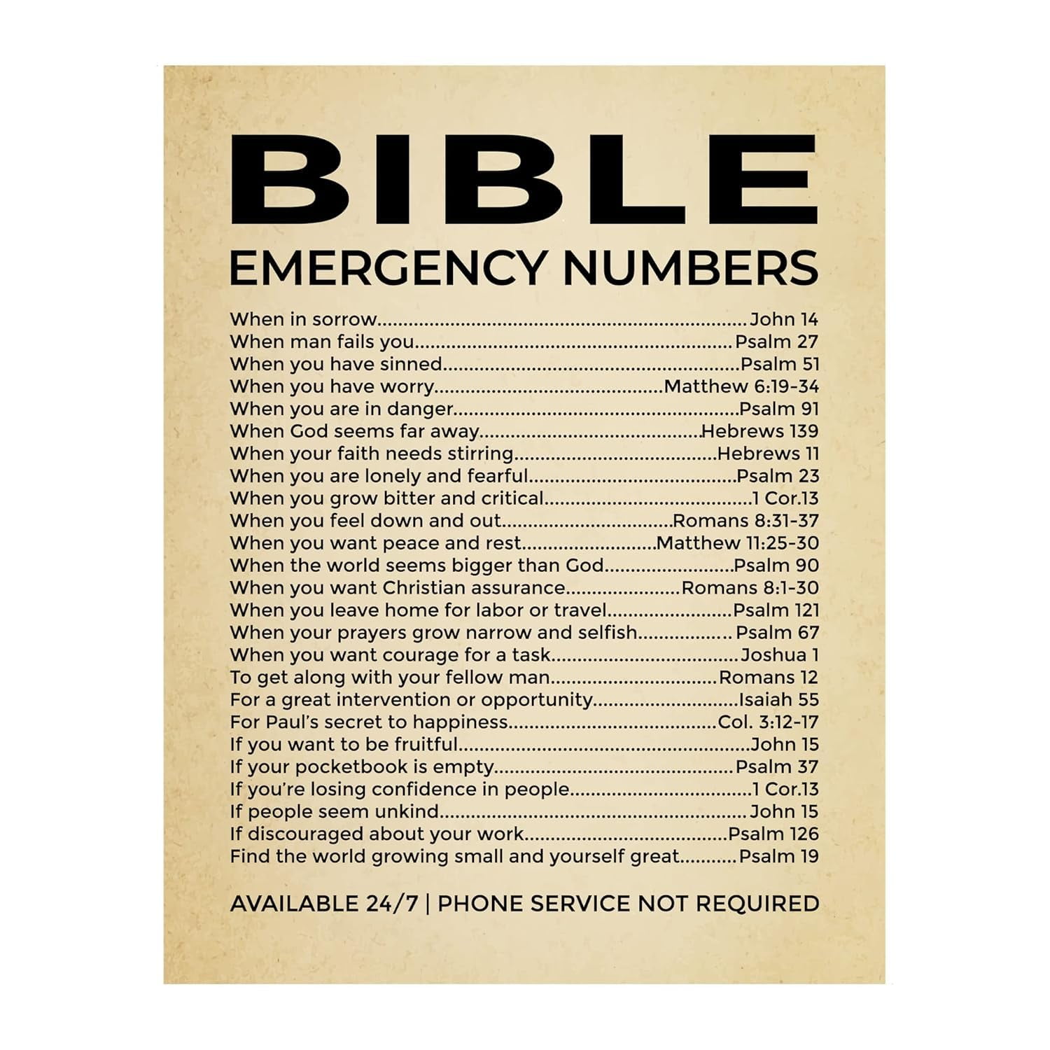 Asdg76s-Bible Emergency Numbers – Christian Wall Decor Print, Vintage ...