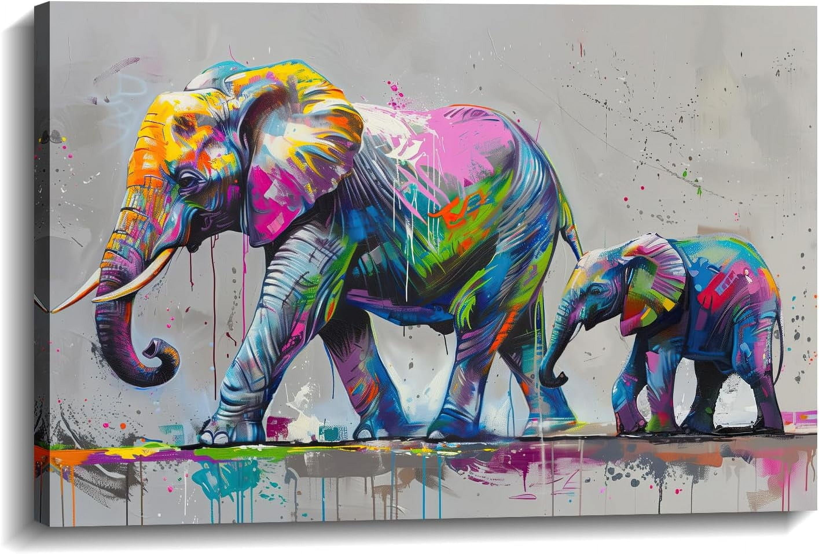 Asdg76s-Elephant Canvas Wall Art Elephant with Cub Picture Graffiti ...
