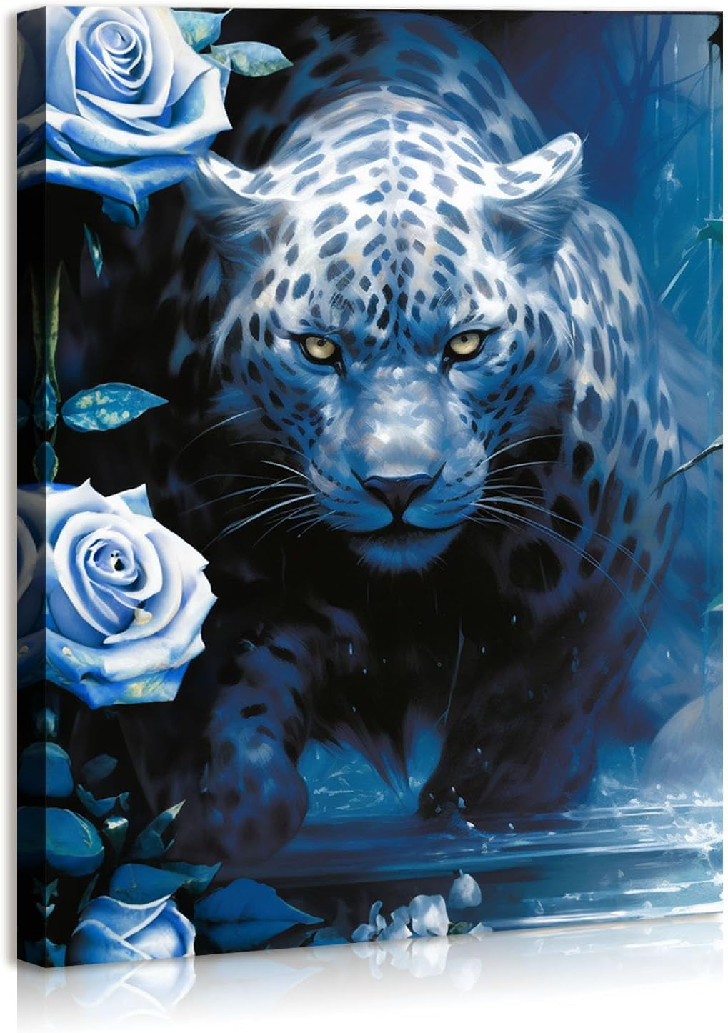 Asdg76s-Snow Leopard Blue Rose Framed Canvas Wall Art Elegant and ...