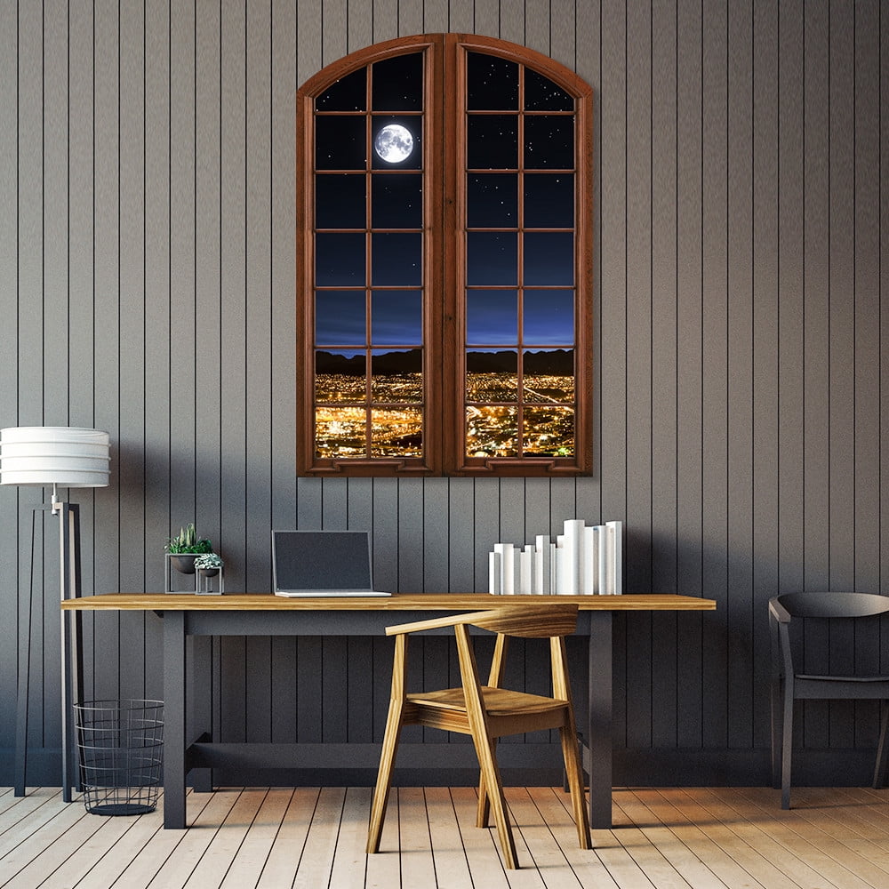 Asenart Self Adhesive Night Landscape Arched Fake Window with Moon Lake ...