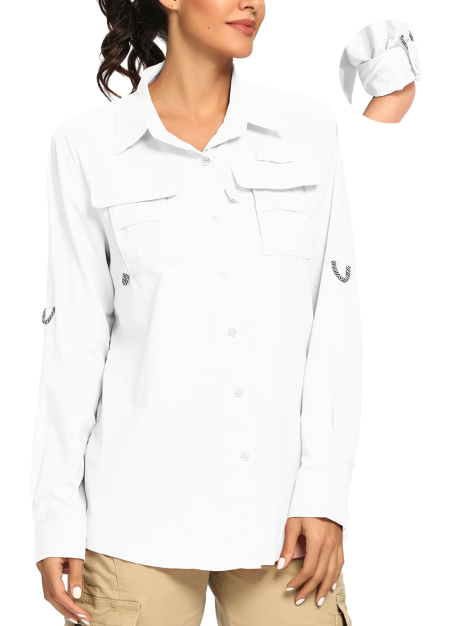 FEN AI Long Sleeve Work Shirts Women White Button Shirt Quick Dry Sun ...