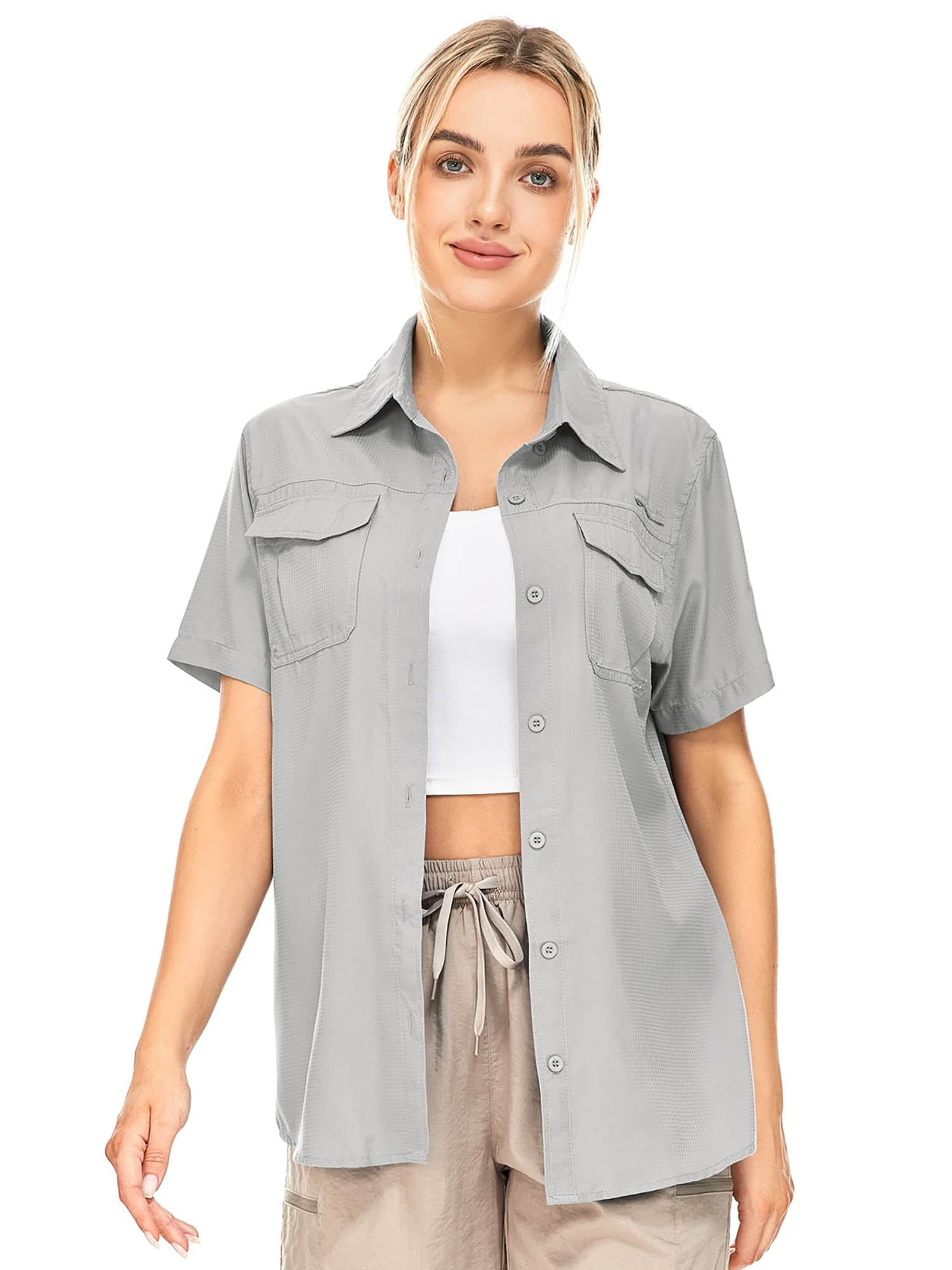 Asfixiado Grey Casual Summer Tops Women Button Up Fishing Shirts Short ...