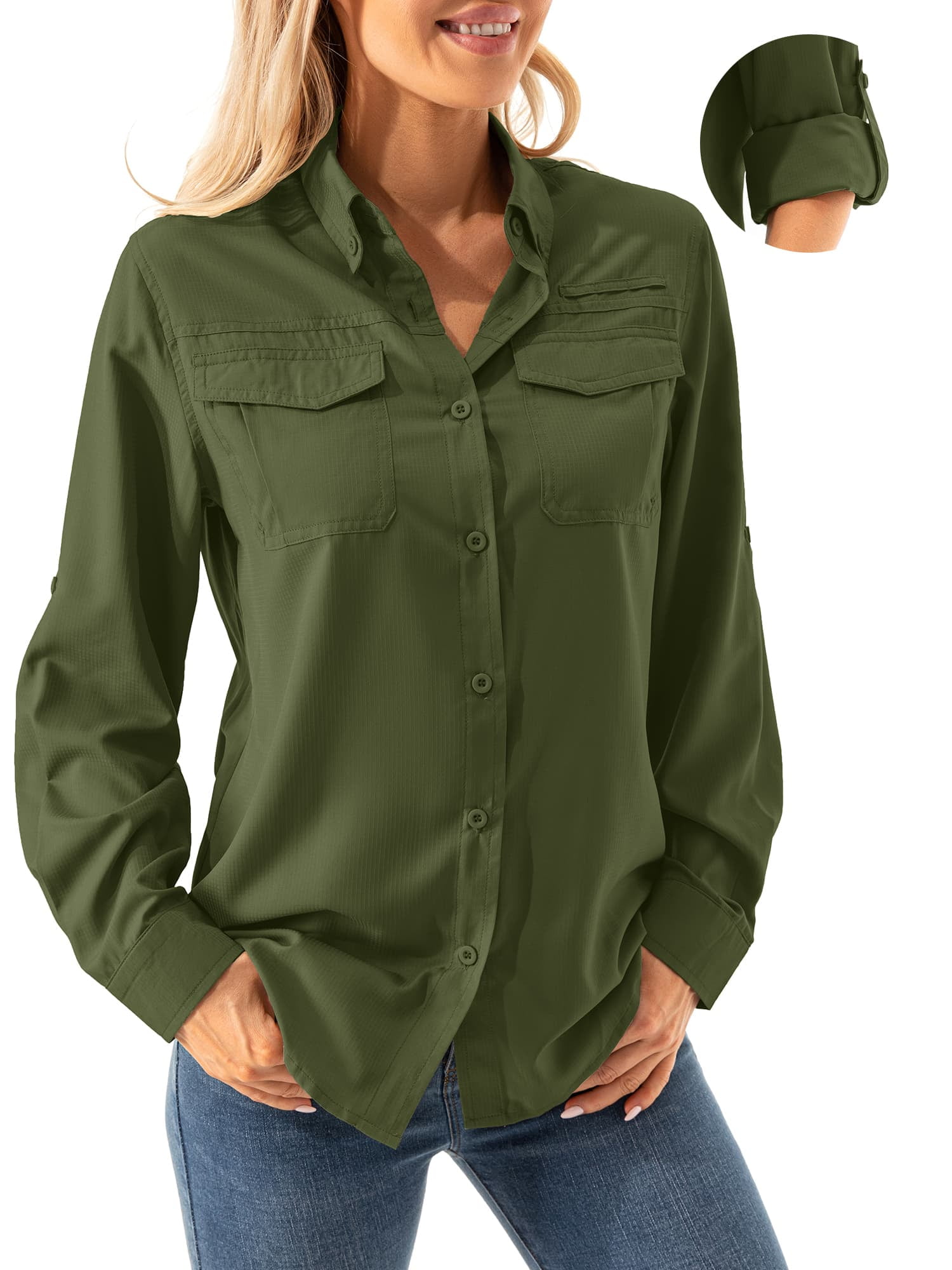 FEN AI Women Button Casual Loose Tops Collared Long Sleeve Solid Color ...