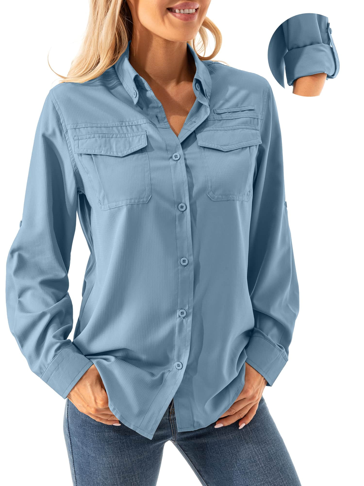 Asfixiado Women's 3/4 Sleeve Button up Shirt Convertible Long Sleeve ...