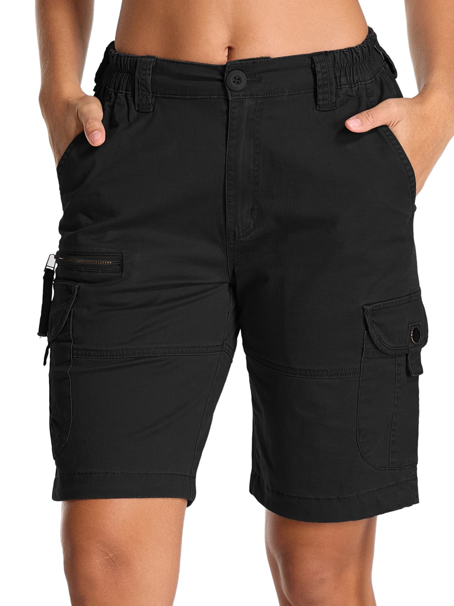 Asfixiado Womens Bermuda Cargo Shorts Black with 7 Pockets Elastic High ...
