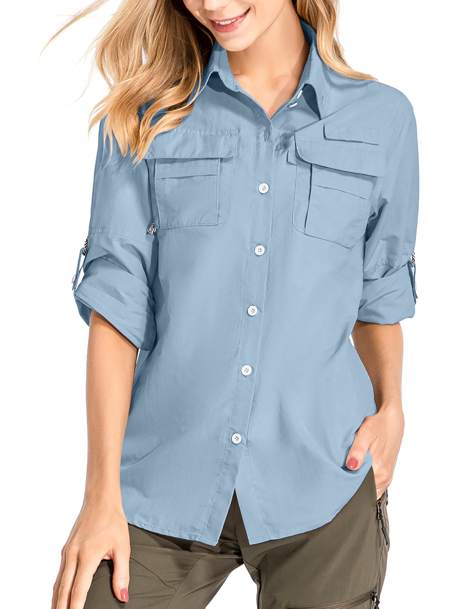 Asfixiado Womens V Neck Roll up Sleeve Button Down Shirts Loose Fit Blouses UPF 50+ UV ...