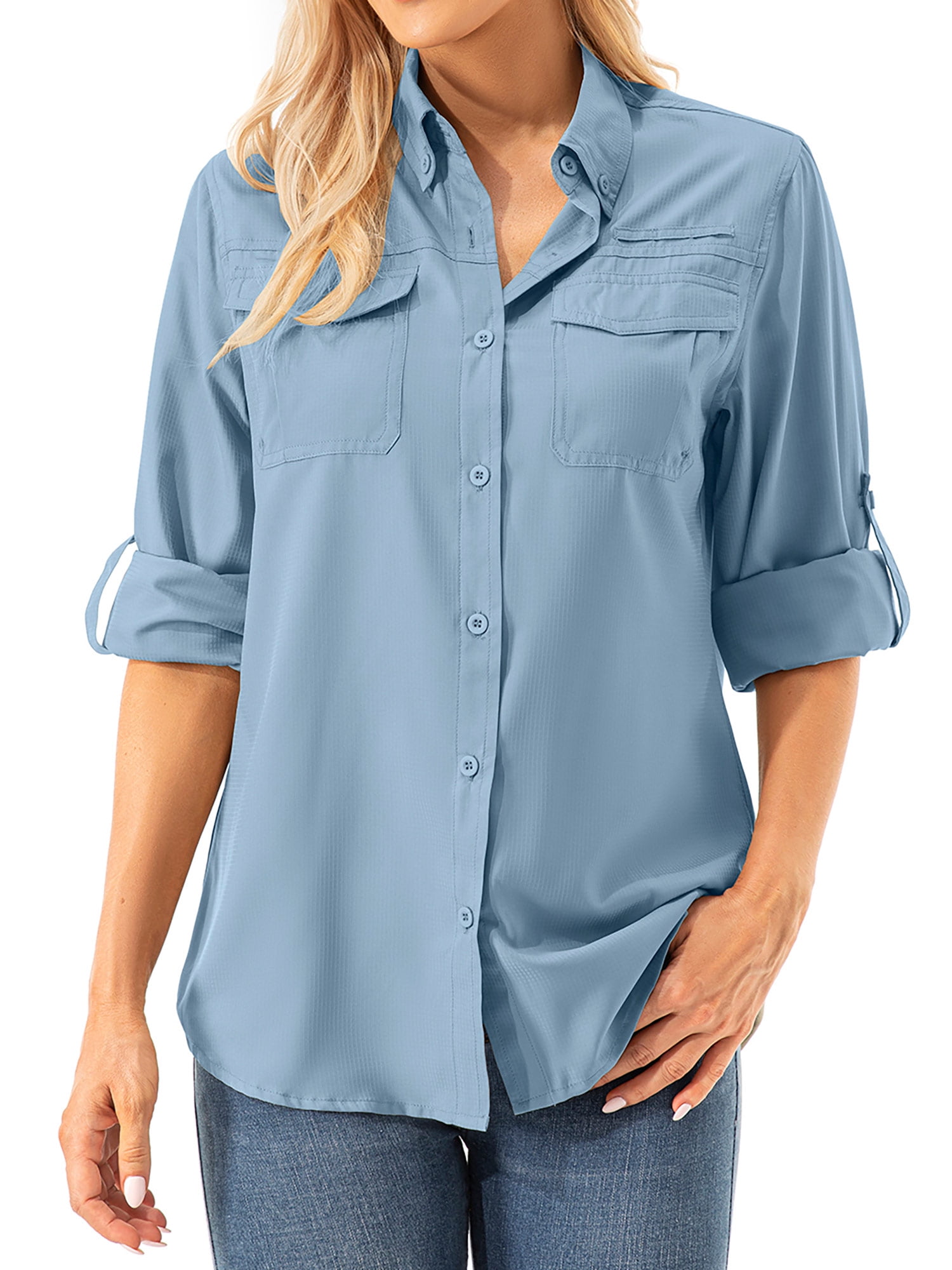 Asfixiado Women's 3/4 Sleeve Button up Shirt Convertible Long Sleeve ...