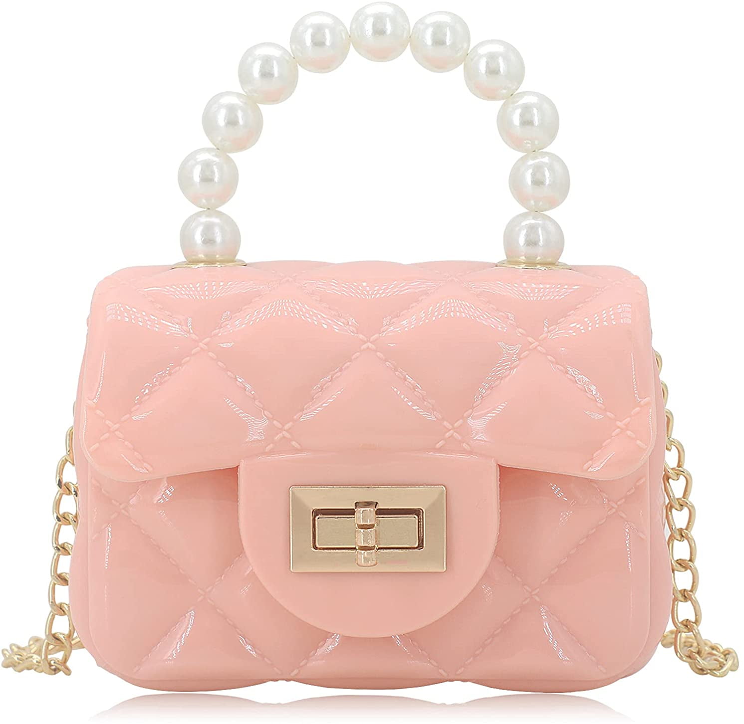 Asge Mini Jelly Purse Flap Handbag with Pearls Top Handle Faux Quilted ...