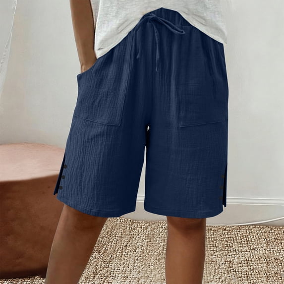 Asgosdo Bermuda Shorts for Women Drawstring Elastic Waisted Side Slit ...