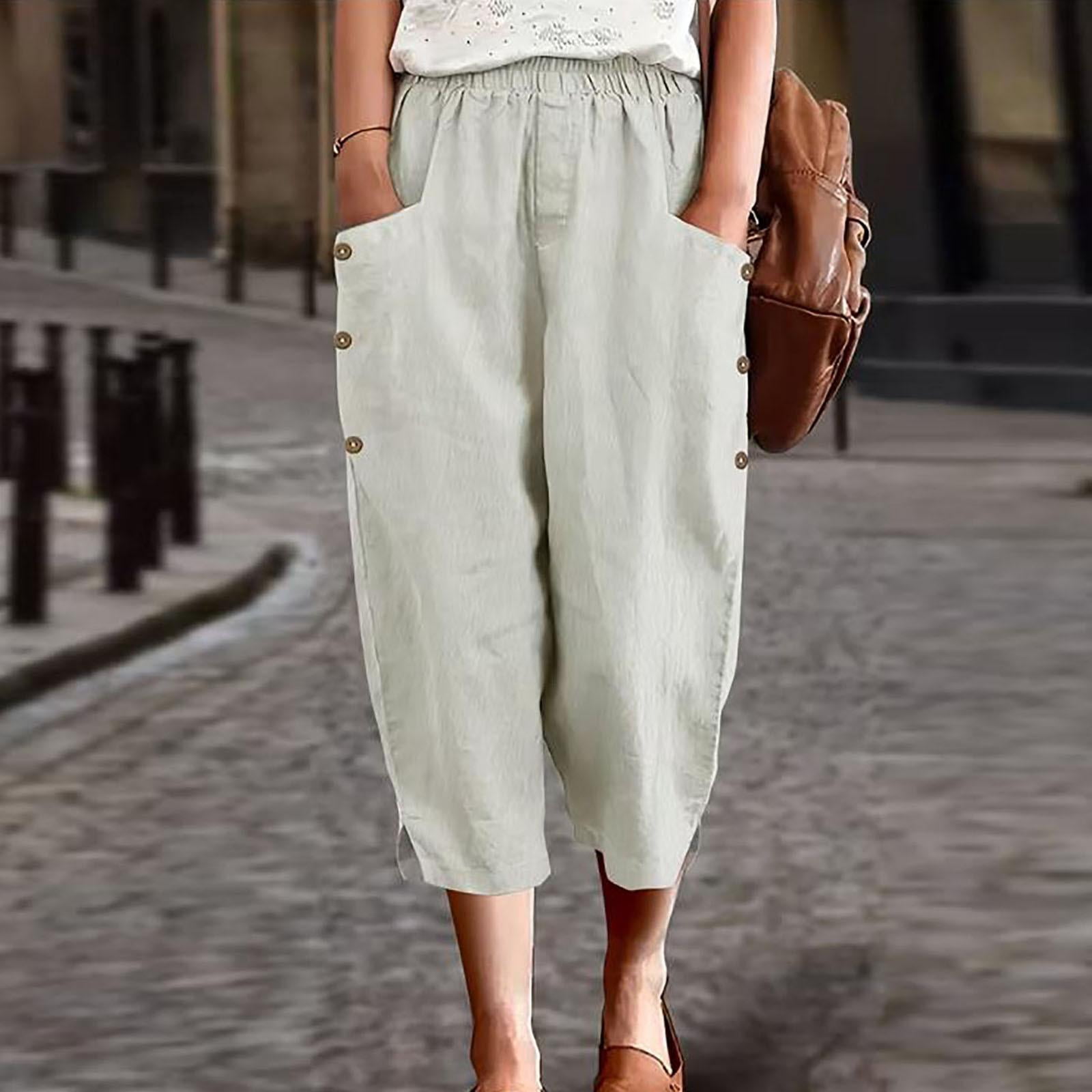 Asgosdo Cotton Pants for Women Beige Elastic Waisted Side Slit Casual ...