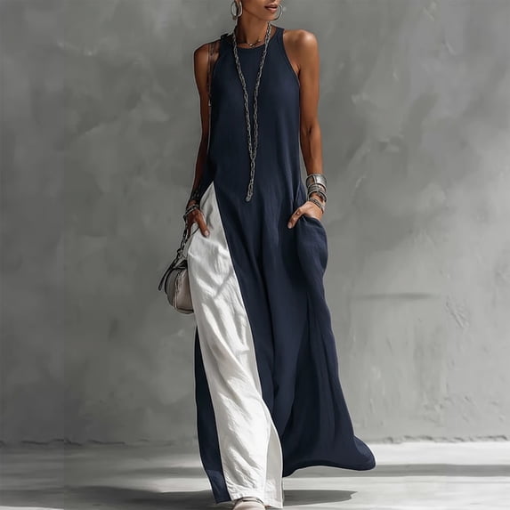 Asgosdo Dresses for Women Sleeveless Color Block Loose Fit Casual ...