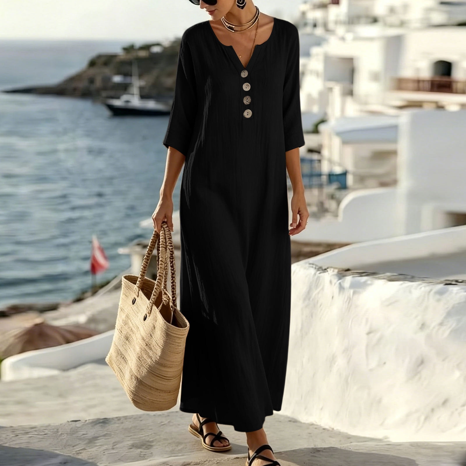 Asgosdo Dresses for Women Summer V Neck 3/4 Sleeve Botton Decor Loose ...